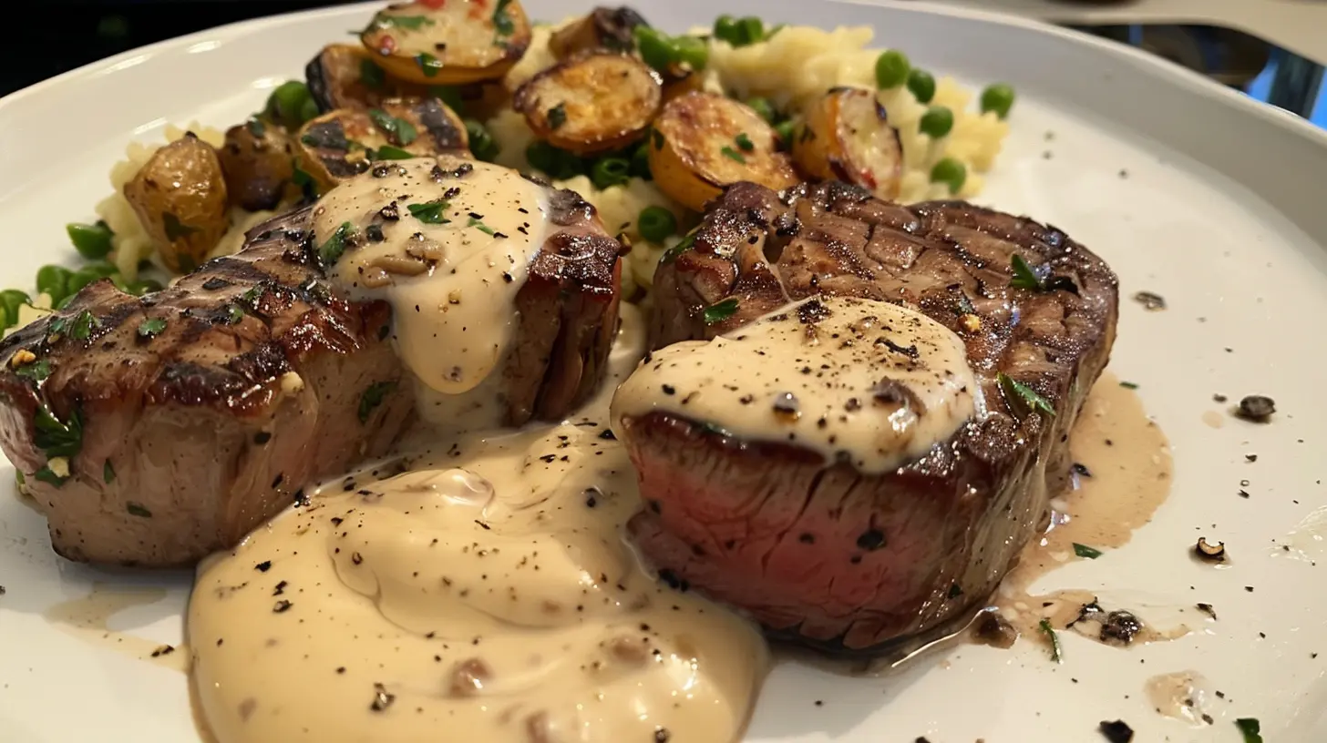 Seared Filet Mignon with Shallot Peppercorn Cream Sauce